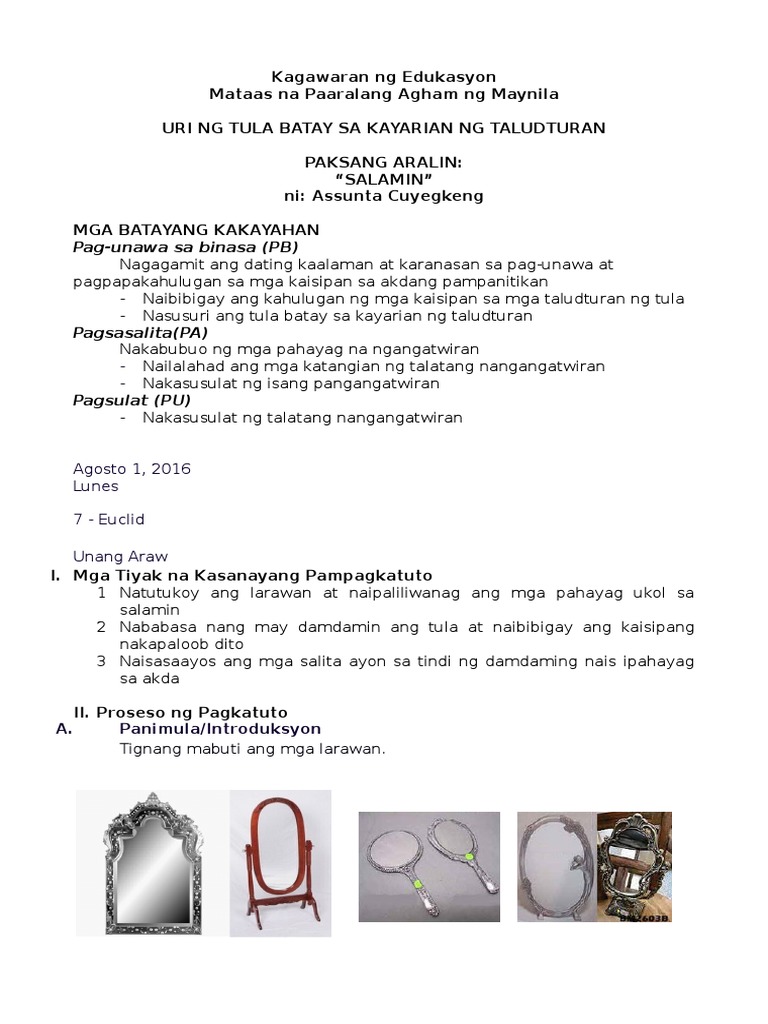 Learning Plan Filipino 7 Unang Markahan Ikapitong Linggo | PDF