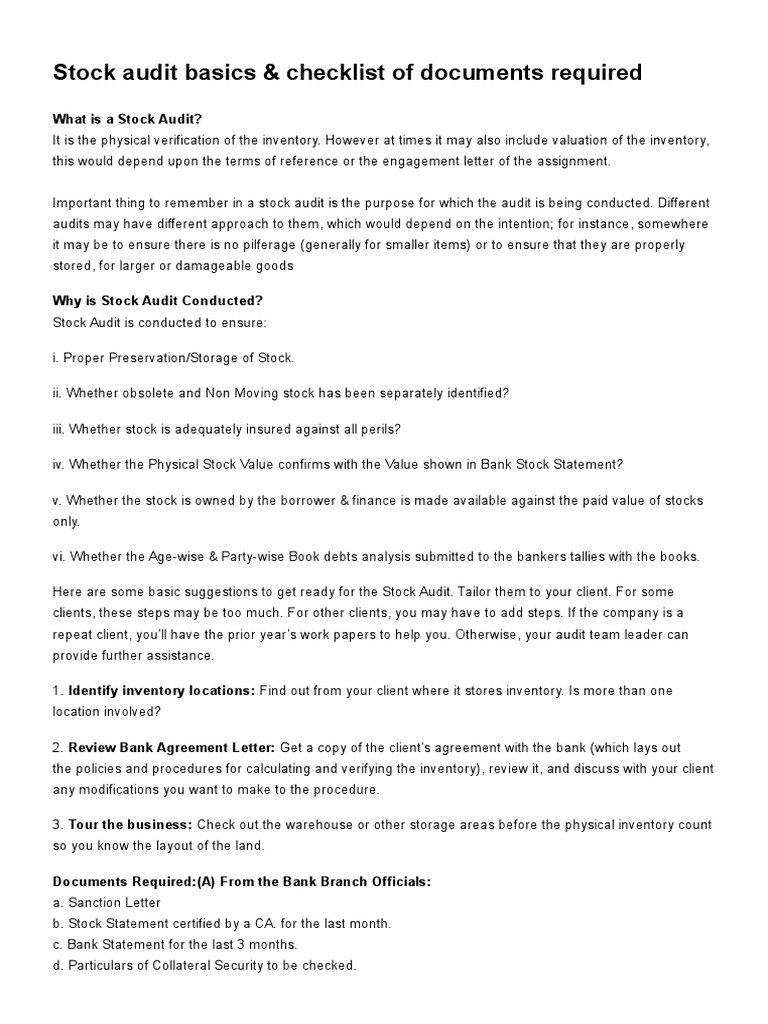 Stock Audit Basics & Checklist of Documents Required | PDF | Inventory ...