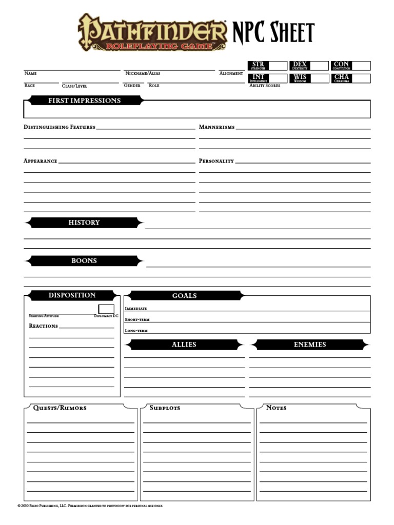 The Pathfinder RPG NPC Sheet - Ficha Opcional de PNJ (PDF, A4, 1 Pagina ...