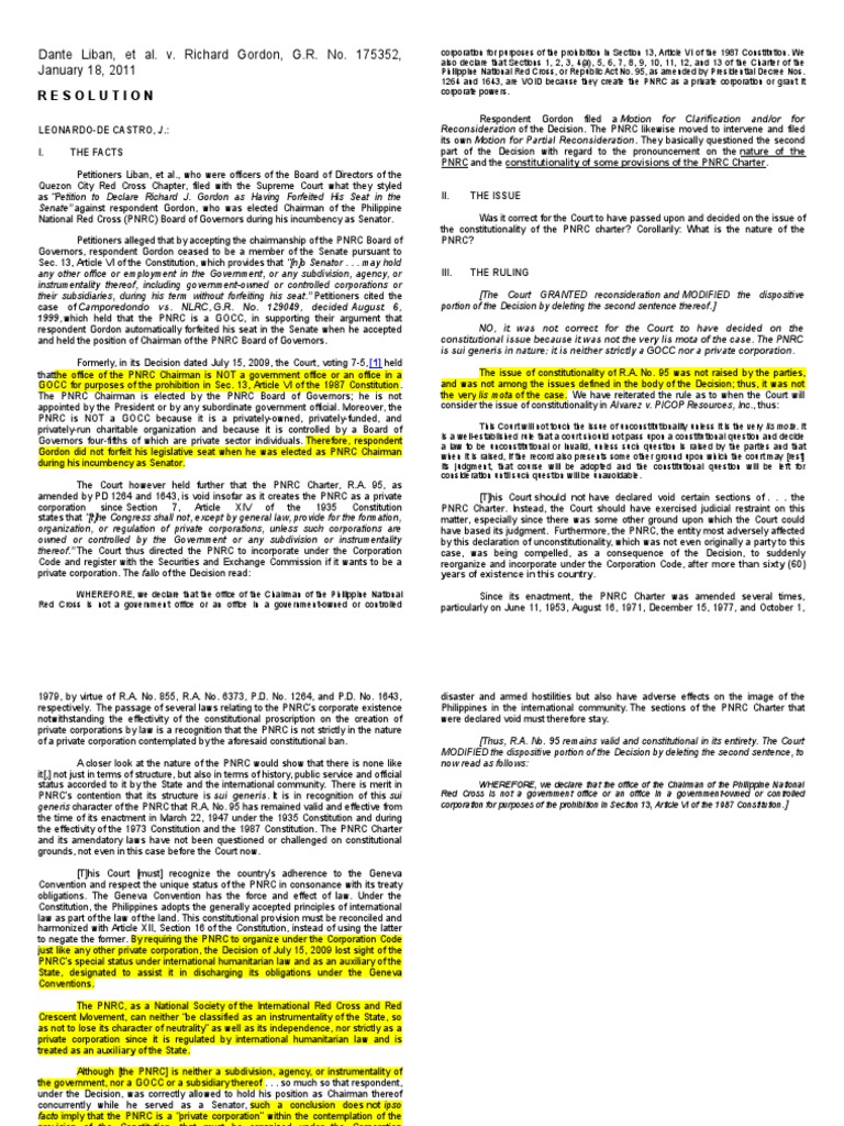 Resolution: Dante Liban, Et Al. v. Richard Gordon, G.R. No. 175352 ...