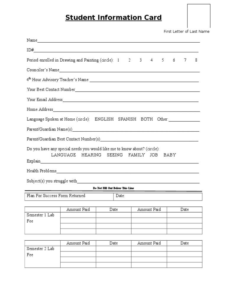 Student Info Card | PDF | Behavior Modification | Learning