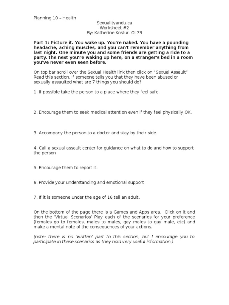 Planning 10 Health Sexuality And U Worksheet 2 1 Pdf Birth