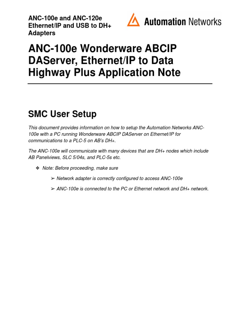 ANC 100e Wonderware ABCIP DAServer EthernetIP To DH Application Note | PDF