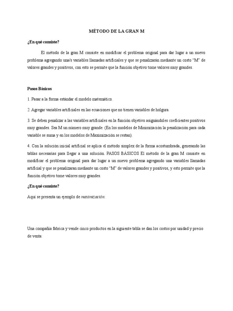 Método de la Gran M en Programación Lineal | PDF | Conceptos ...