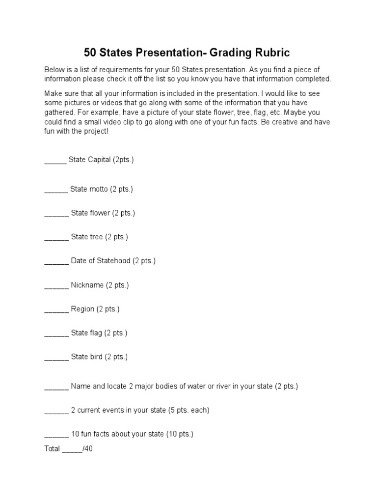 50 States Rubric | PDF | Games & Activities