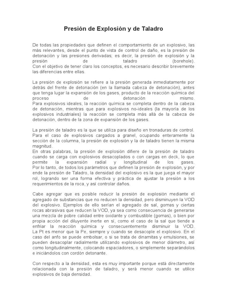 Presión de Explosión y de Taladro | PDF | Material explosivo | Perforar