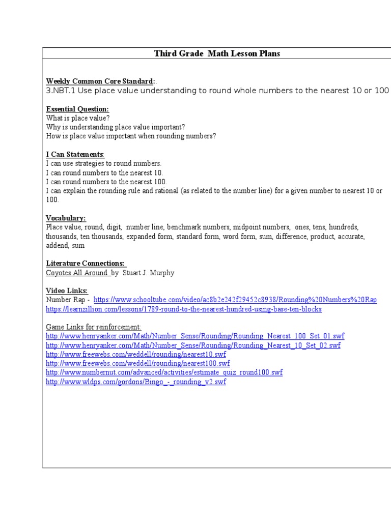 Third Grade Math Lesson Plans | PDF | Rounding | Lesson Plan