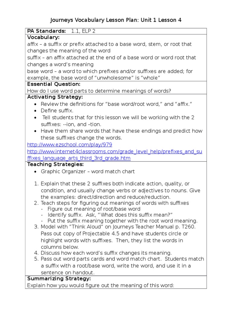 Journeys Vocabulary Lesson Plan: Unit 1 Lesson 4: PA Standards: 1.1 ...