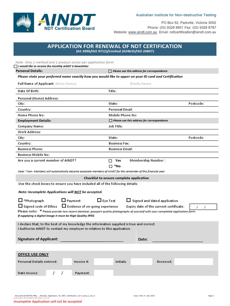 NDT301 FRM - Renewal Application For NDT Certification L12 3 Issue 1 ...