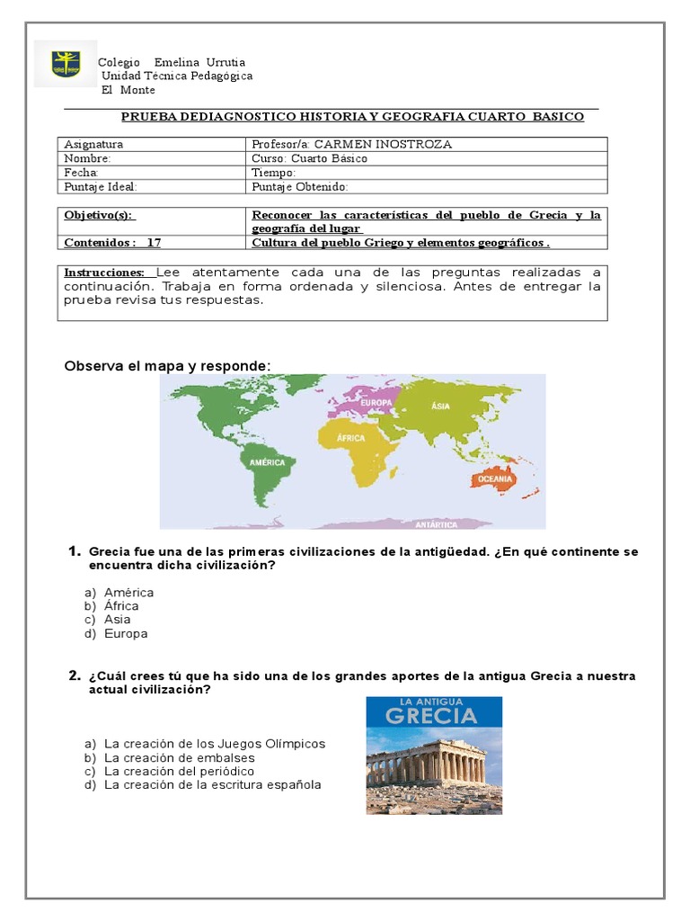 Prueba Diagnóstica Historia 4° Básico | PDF | Clima | Familia