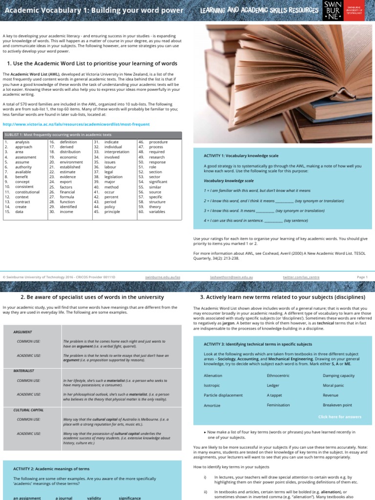 Academic Vocabulary 1: Building Your Word Power: Learning and Academic ...