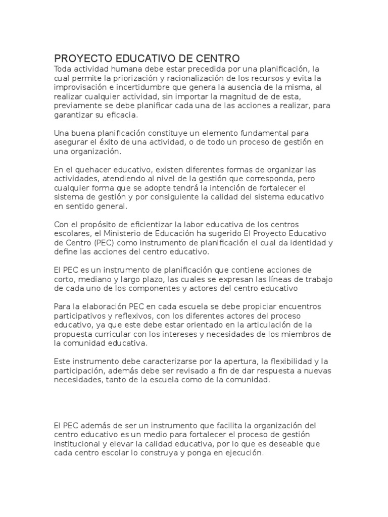 Proyecto Educativo de Centro (PEC) | PDF | Planificación | Análisis FODA