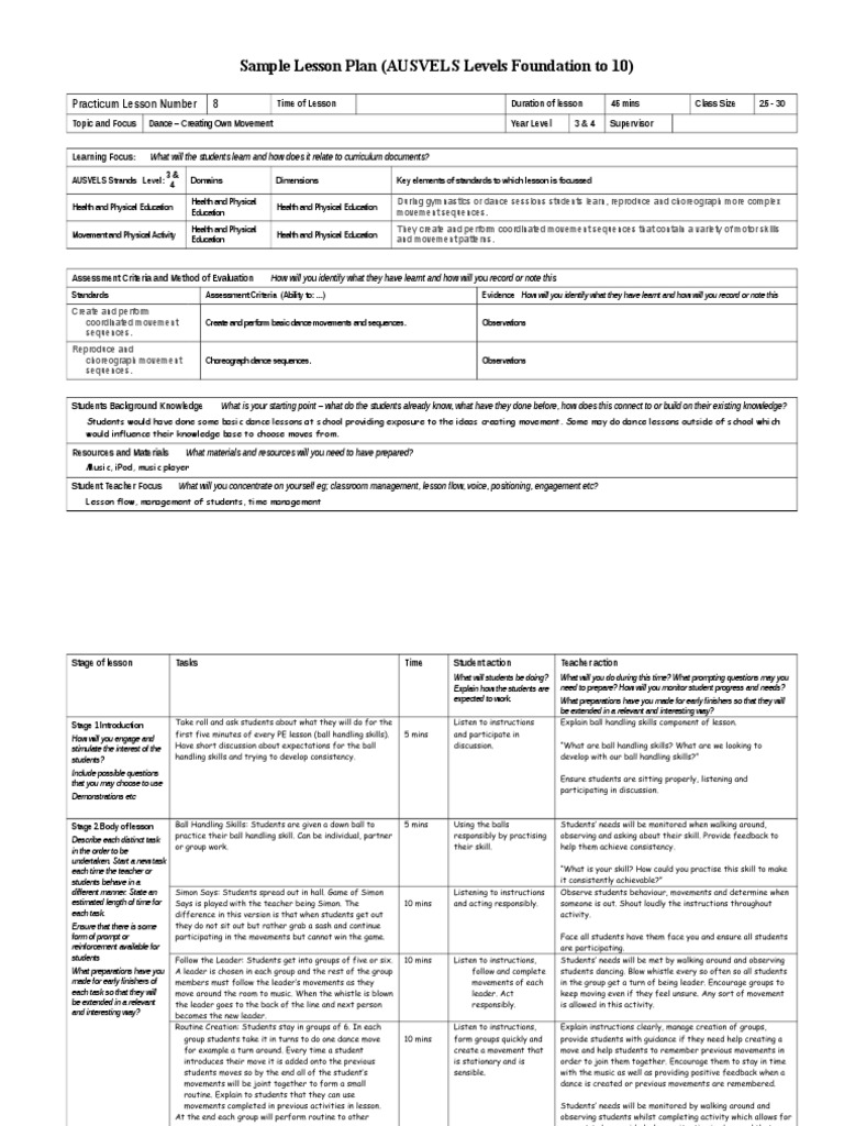 Dance Lesson Plan for Years 3-4 | PDF | Physical Education | Classroom ...