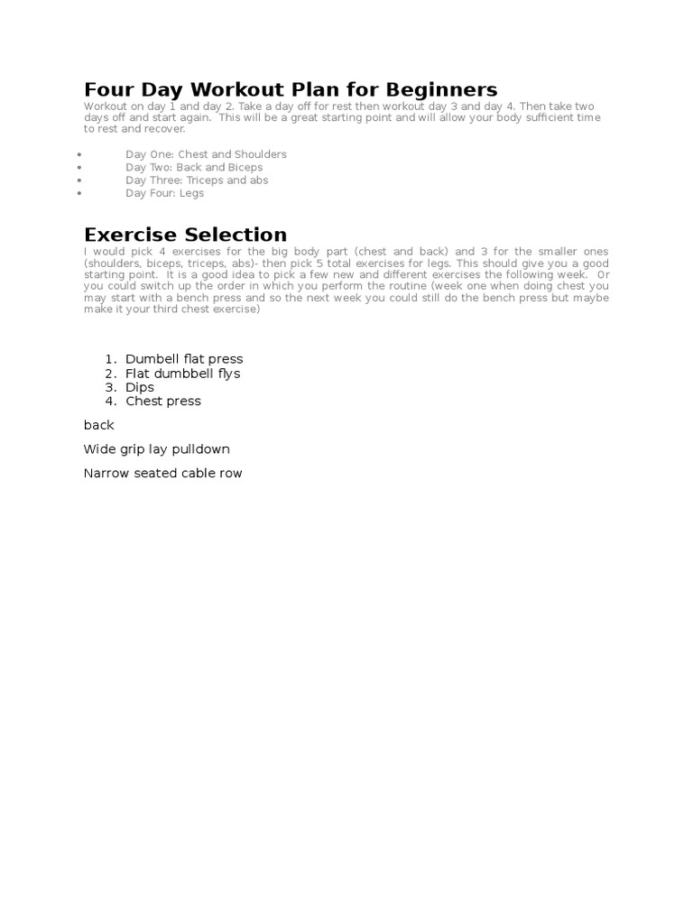 Four Day Workout Plan For Beginners PDF