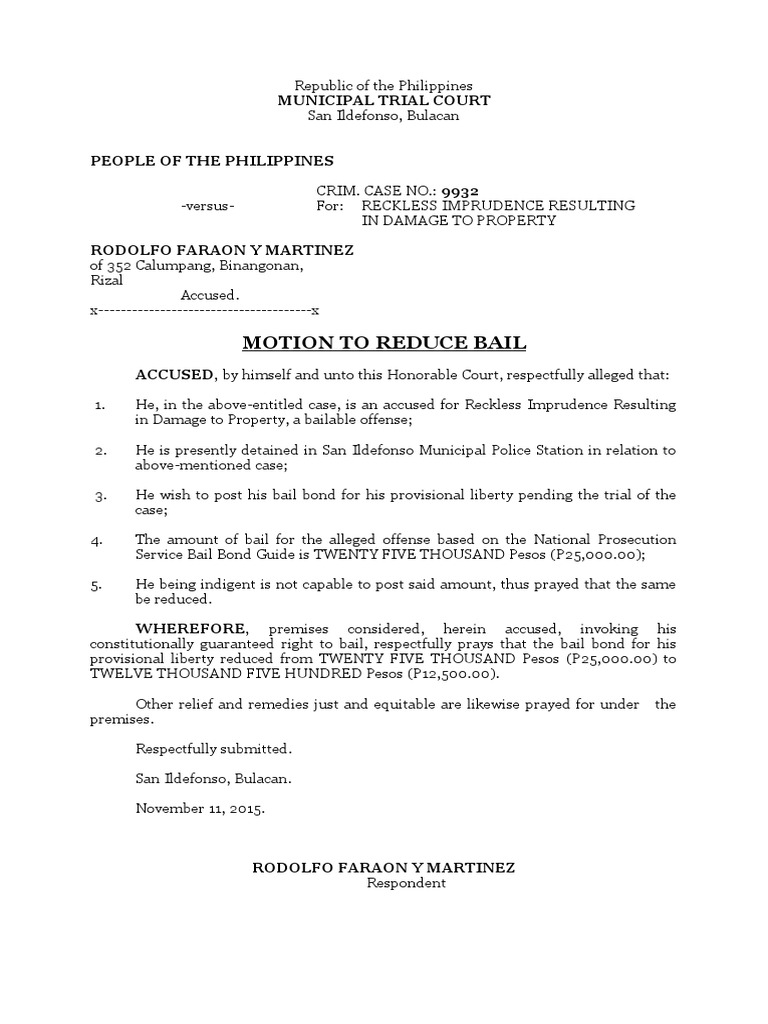 Motion to Reduce Bail in Reckless Imprudence Case | PDF