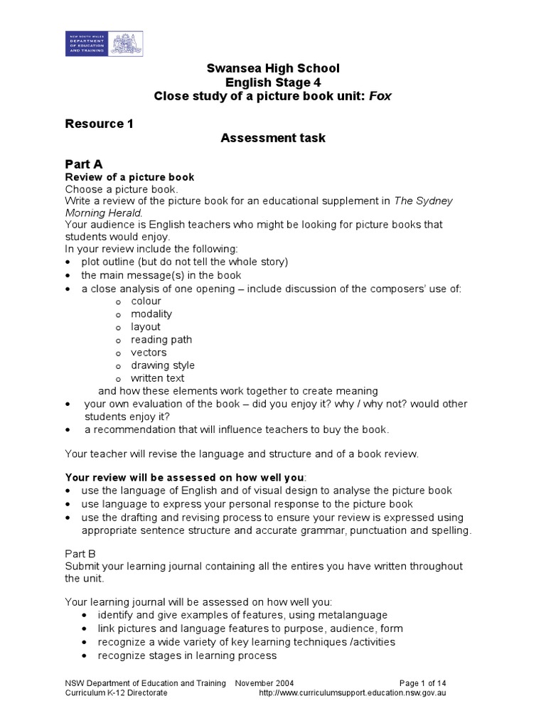 Swansea High School English Stage 4 Close Study of A Picture Book Unit ...