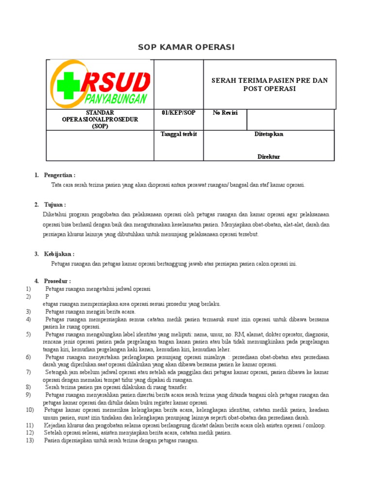 STANDAR OPERASIONAL PROSEDUR KAMAR OPERASI | PDF
