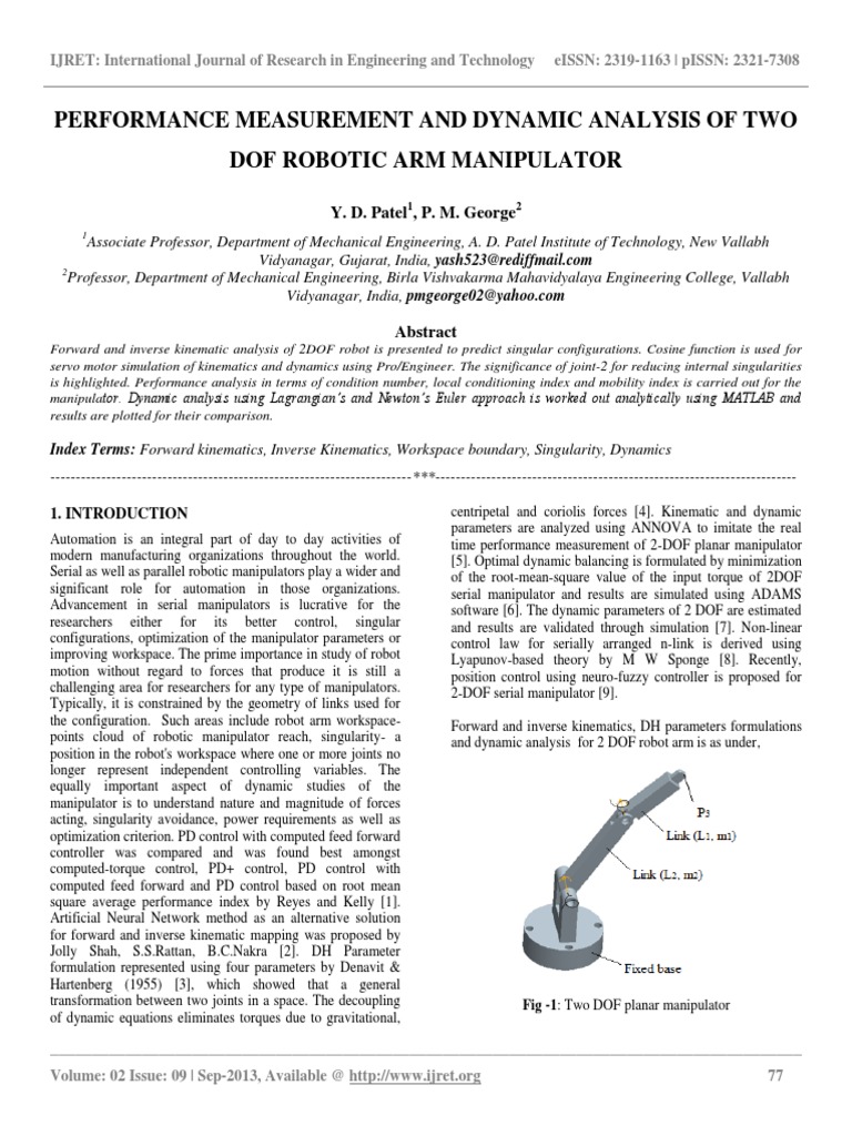 Performance Measurement and Dynamic Analysis of Two Dof Robotic Arm Manipulator | PDF ...