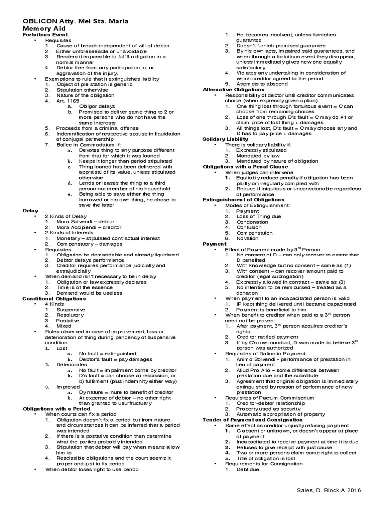 Oblicon Finals (Memory Aid) | PDF | Law Of Obligations | Guarantee