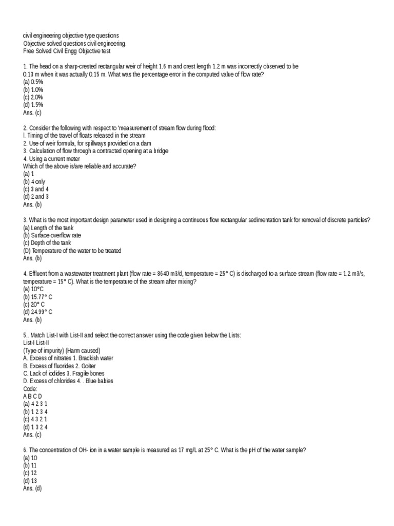 Civil Engineering Objecticfsve Type Questions | PDF | Concrete | Beam ...