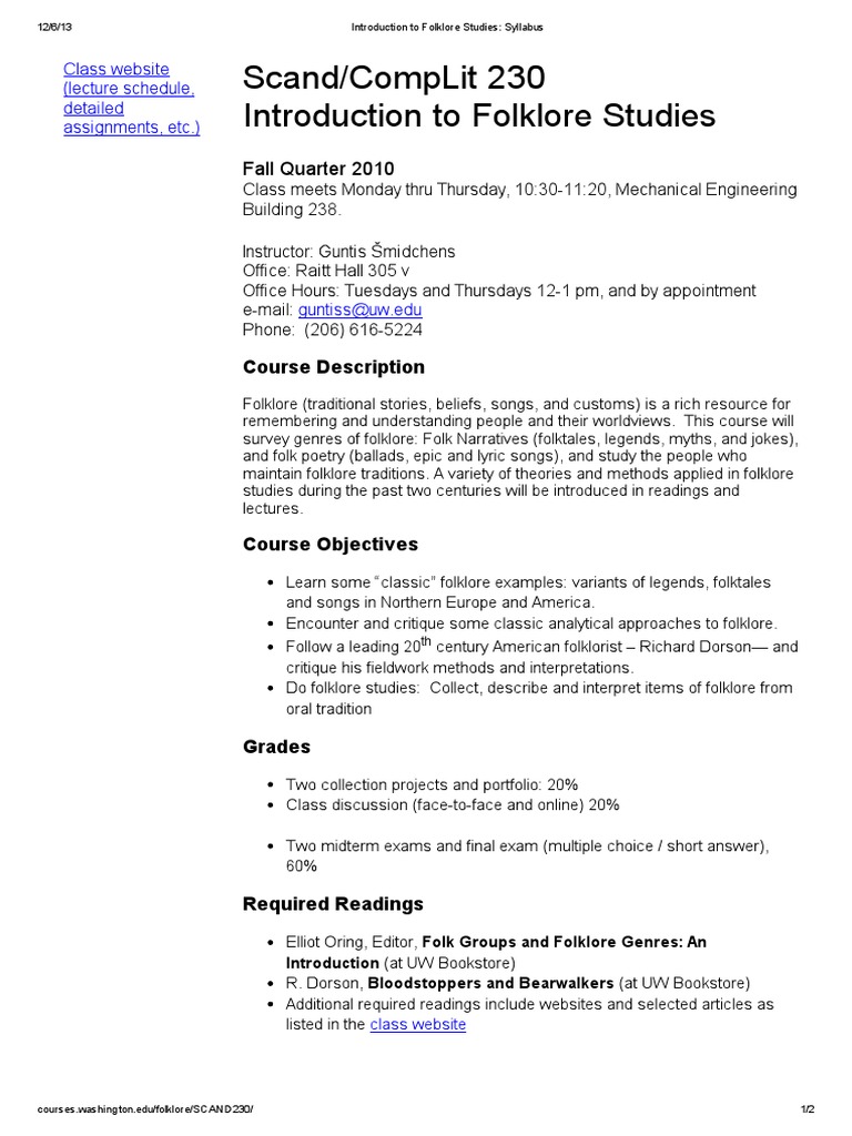 Introduction to Folklore Studies Syllabus | PDF