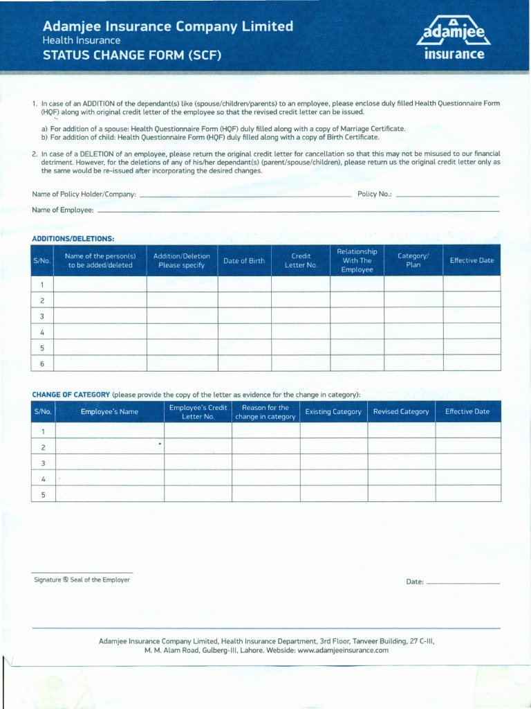 Adamjee Health Insurance Status Change Form | PDF | Finance & Money ...