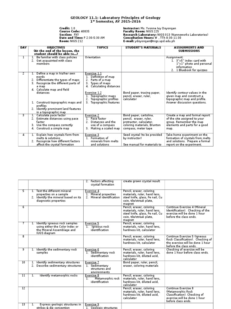Geology 11 Laboratory Course Syllabus | PDF | Rock (Geology) | Geology