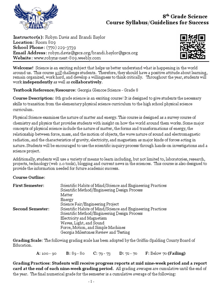 8th Grade Science Course Syllabus Extended | PDF | Homework | Matter