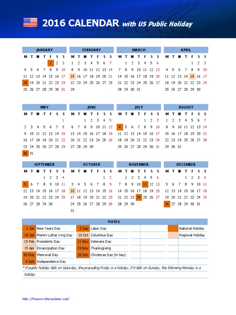 2016 Year Calendar With US Public Holiday | PDF | Sports & Recreation