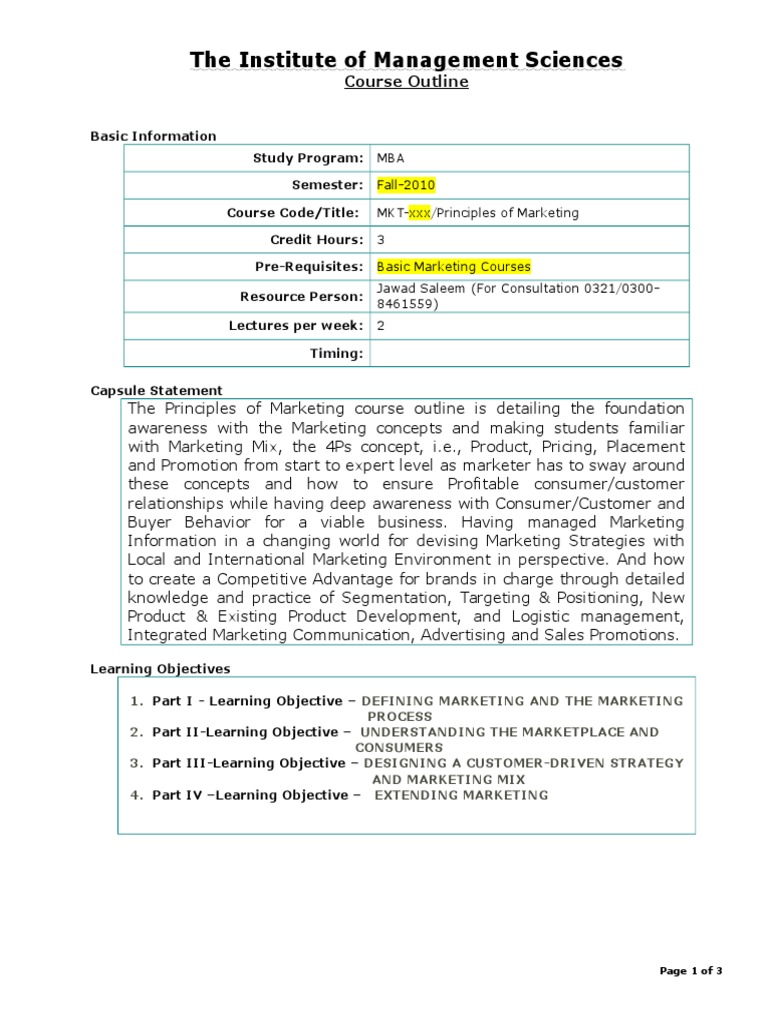Principles of Marketing Course OutLine at Pak American Institute of ...