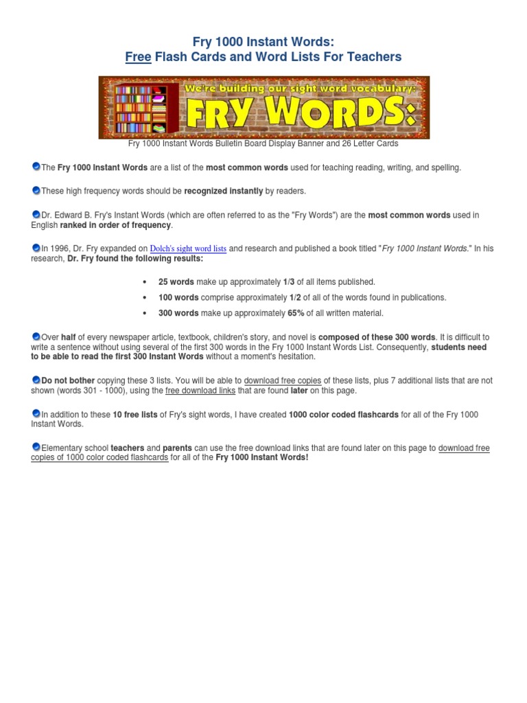 Fry 1000 Instant Words Links Info and Website | PDF | Phonics | Reading ...