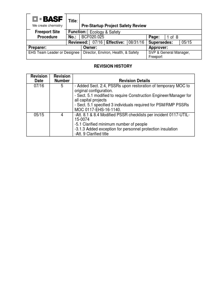 Pre Start Up Safety Review | PDF | Volatile Organic Compound | Safety