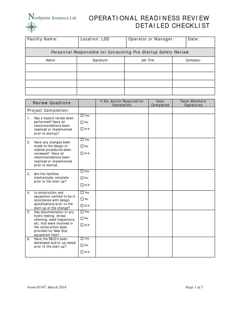 Form 03-07 Operational Readiness Review Detailed Checklist | PDF ...