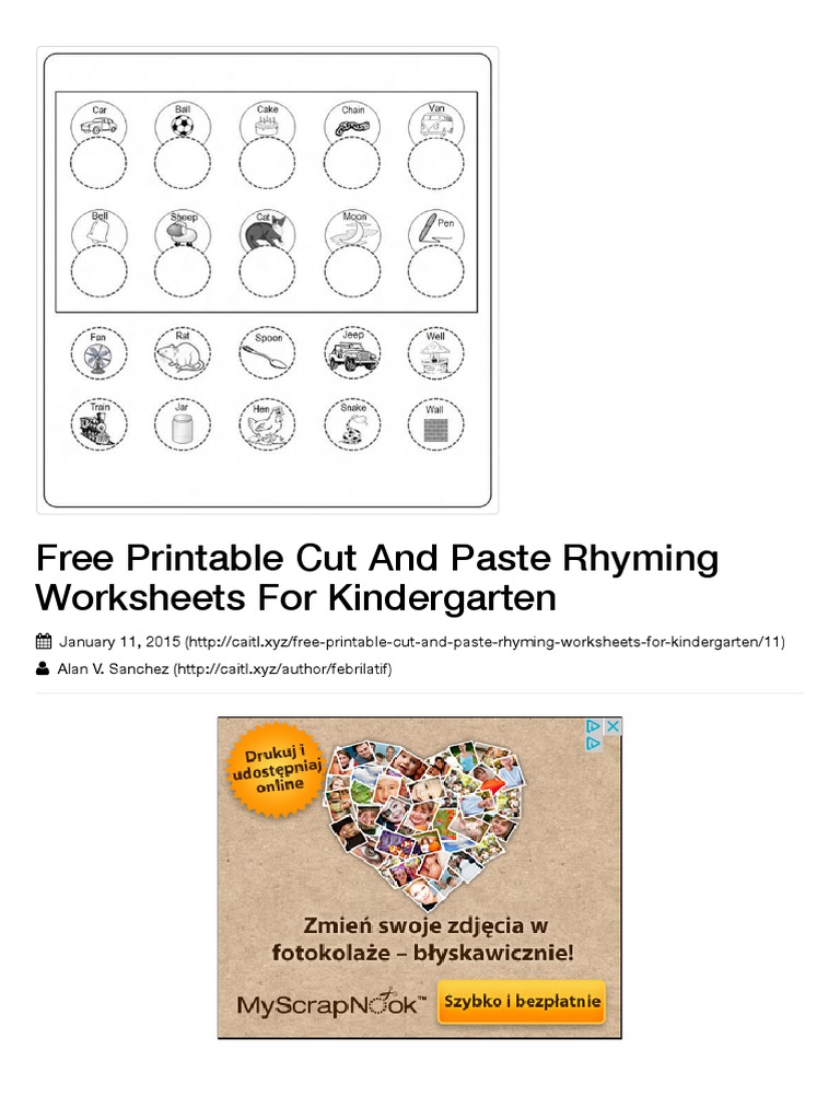 Free Printable Cut and Paste Rhyming Worksheets For Kindergarten | PDF ...