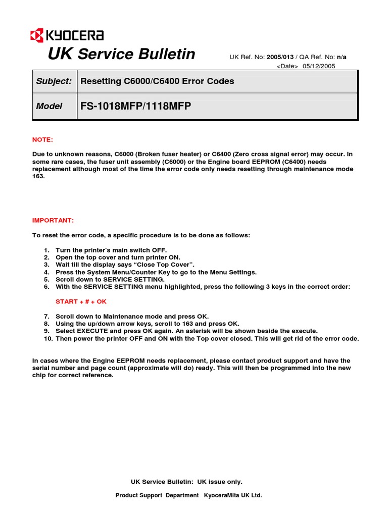 FS1018MFP 1118MFP Resetting C6000 C6400 Error Codes | PDF