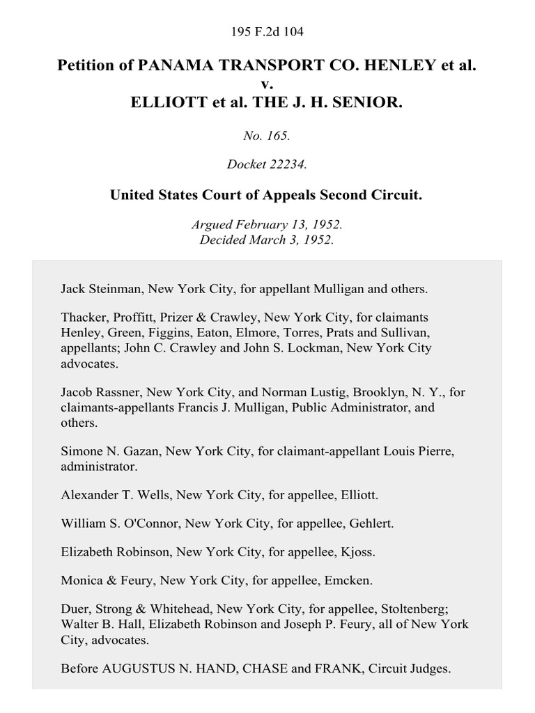 Petition of Panama Transport Co. Henley v. Elliott The J. H. Senior ...