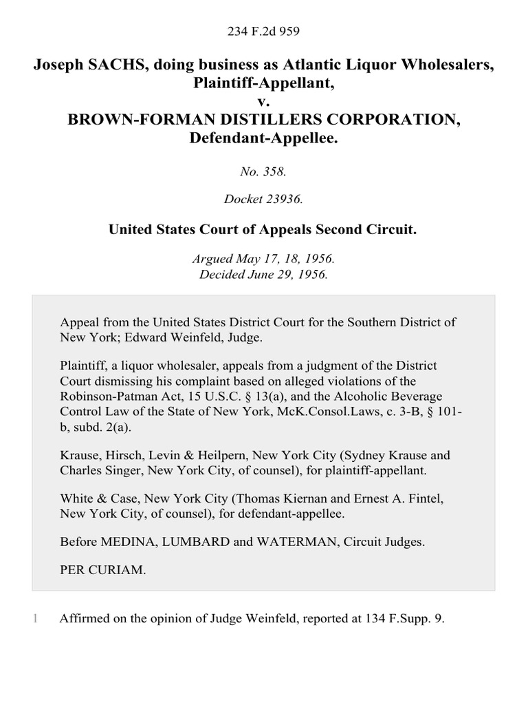 Joseph Sachs, Doing Business As Atlantic Liquor Wholesalers v. Brown ...
