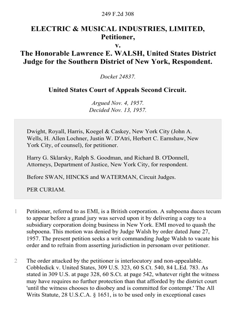 Electric & Musical Industries, Limited v. The Honorable Lawrence E ...