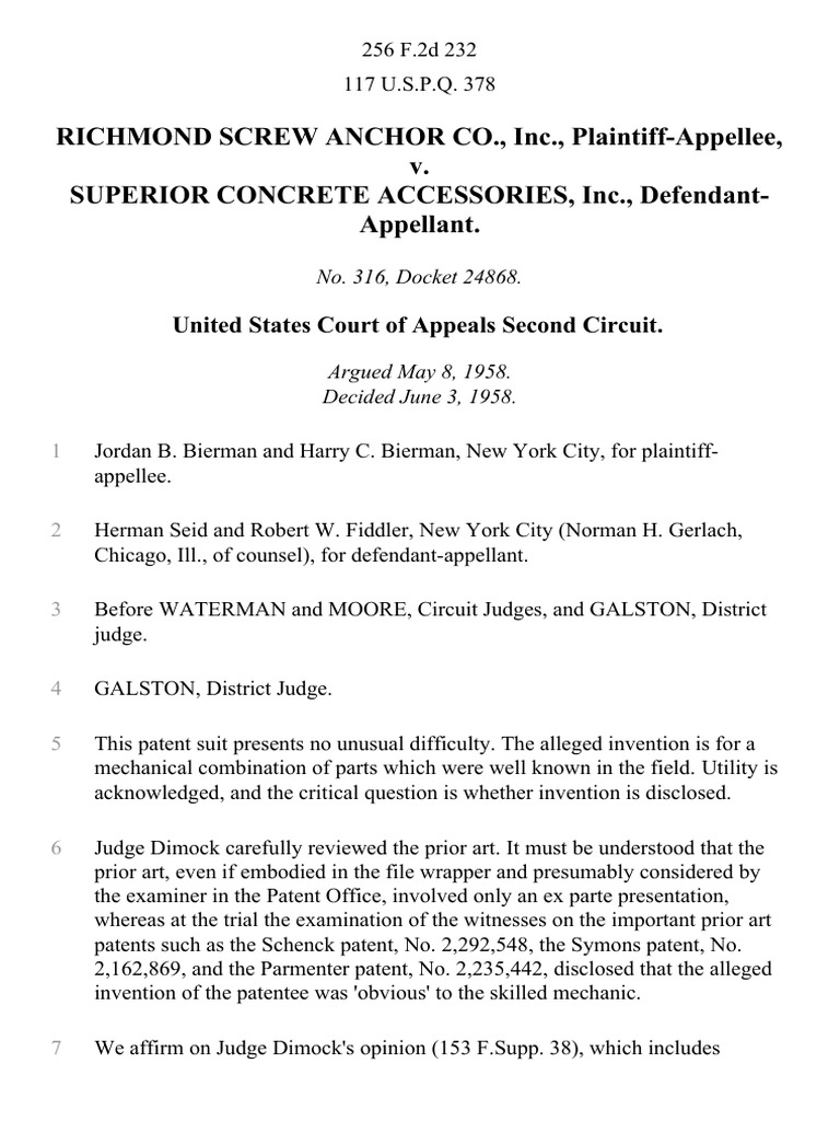 Richmond Screw Anchor Co., Inc. v. Superior Concrete Accessories, Inc., 256 F.2d 232, 2d Cir ...