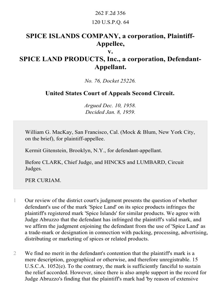 Spice Islands Company, A Corporation v. Spice Land Products, Inc., A ...