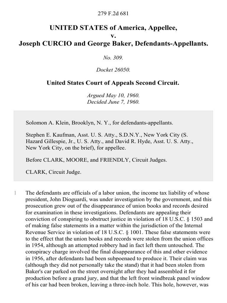 United States v. Joseph Curcio and George Baker, 279 F.2d 681, 2d Cir ...