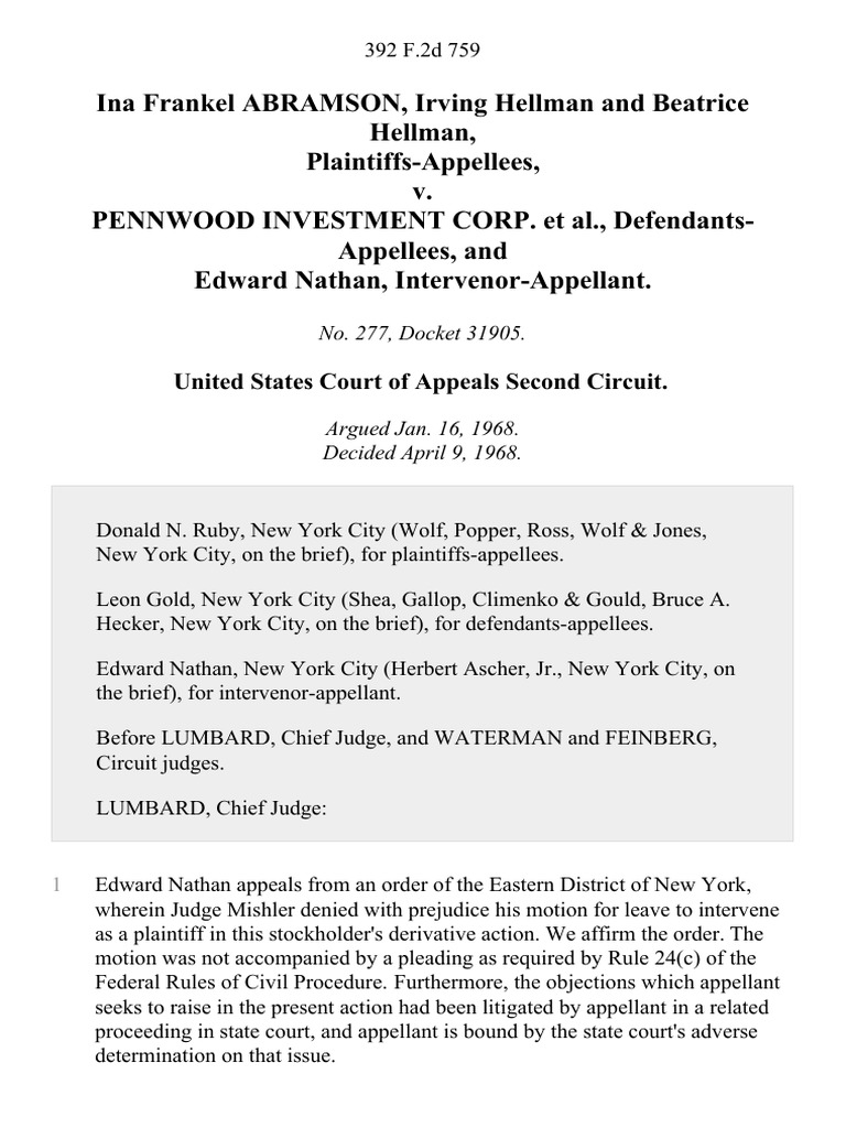 Ina Frankel Abramson, Irving Hellman and Beatrice Hellman v. Pennwood ...
