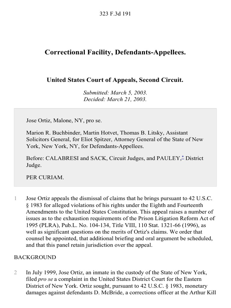 Jose Ortiz v. D. McBride Sgt. & R.O. Mara, Counselor of Arthur Kill ...