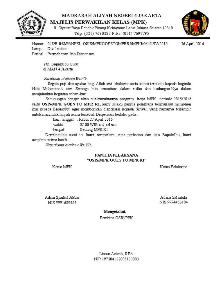 Surat Izin Dispensasi-MPK | PDF
