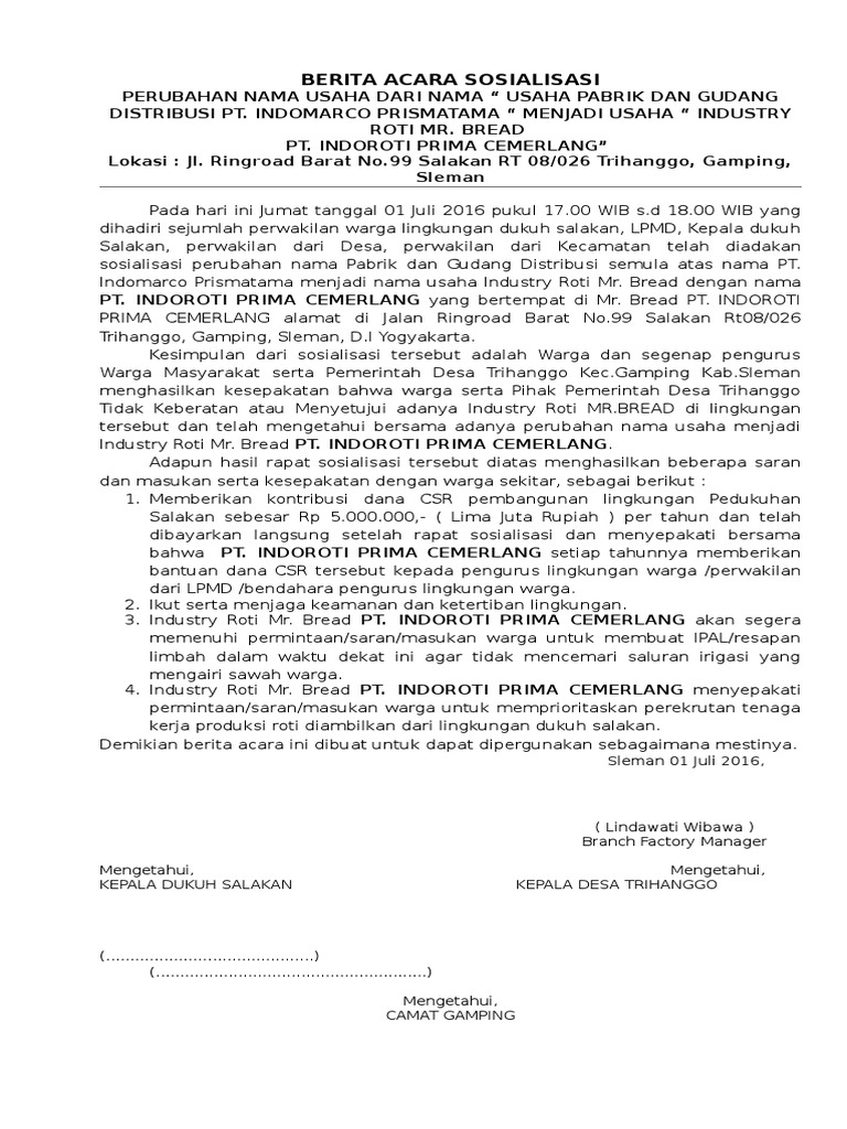 Contoh Berita Acara Sosialisasi | PDF