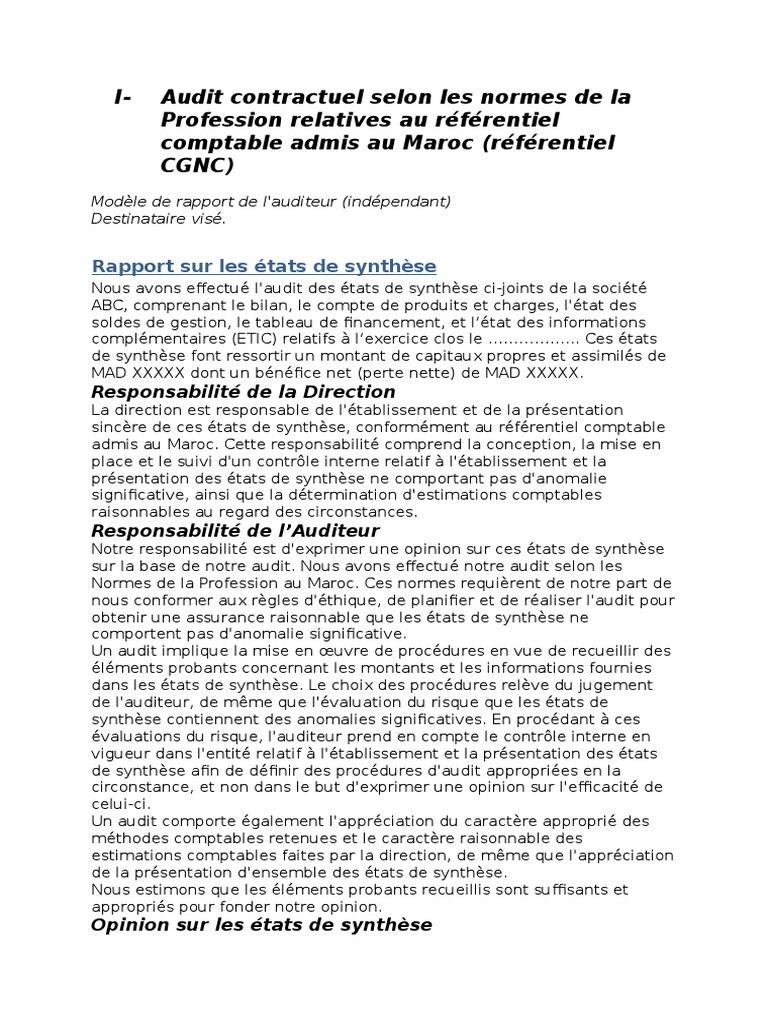 Rapport d'Audit Contractuel | Audit | Normes internationales d ...