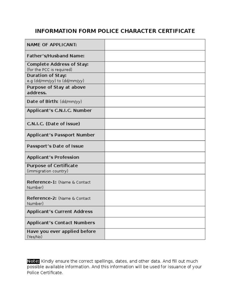 Application for Police Character Certificate: Personal and Contact ...