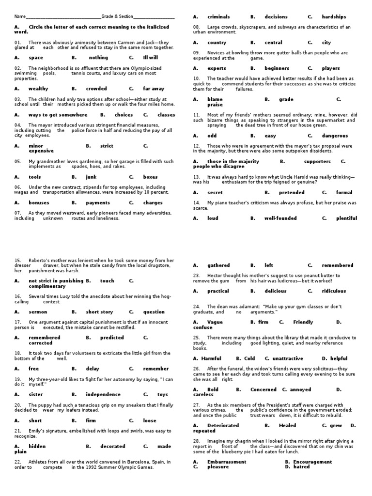 Context Clues Quiz | Leisure