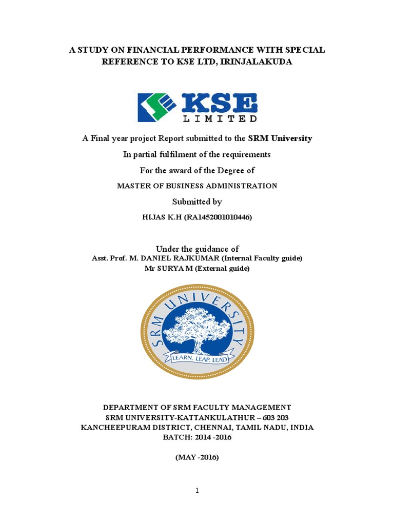 front page "A STUDY ON FINANCIAL PERFORMANCE WITH SPECIAL REFERENCE TO KSE LTD, IRINJALAKUDA ...