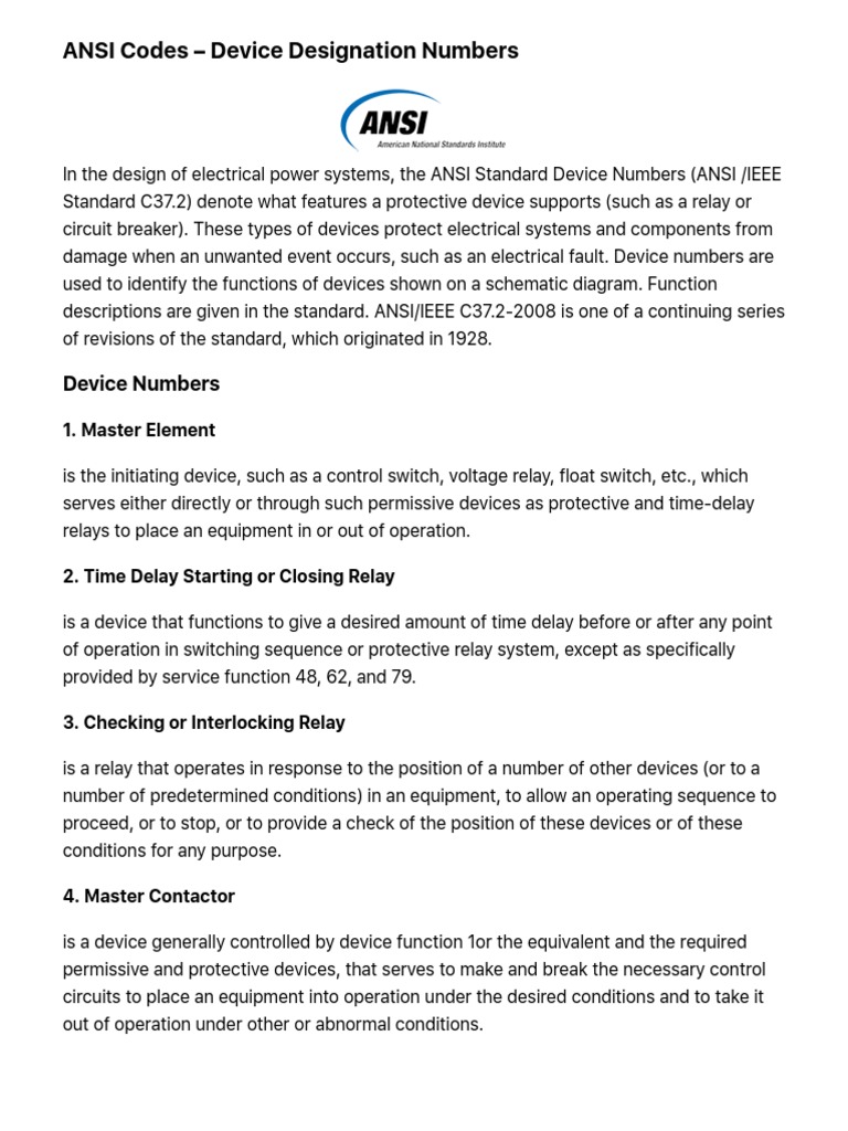 ANSI Device Designation Guide | PDF | Relay | Switch